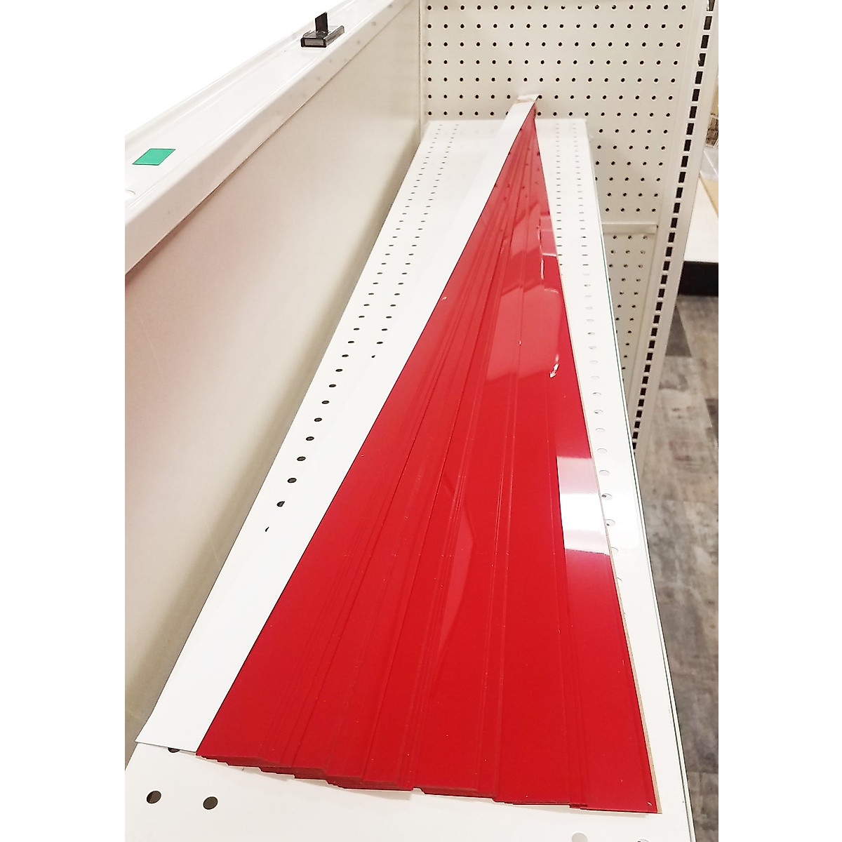 Decorative Gondola Shelving Pre Cut Vinyl Insert Strips 48" x 1.25" Shelf C-Channel, Red, 100 Pack