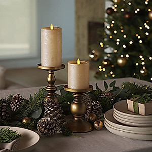 Luminara Realistic Artificial Flame Frosted Champagne Metallic Glitter Candle (3 x 6.5-inch) Moving Flame LED Battery Operated Lights - Unscented - Remote Sold Separately
