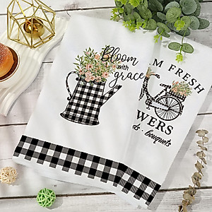 AnyDesign Spring Kitchen Towels Watercolor Farmhouse Floral Dish Towel Rustic White Black Buffalo Plaids Hand Drying Tea Towel for Cooking Baking Cleaning Wipes, Set of 4, 18 x 28 Inch