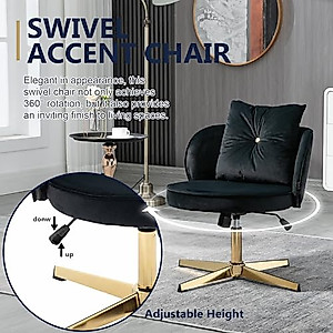 MOONMISS Swivel Office Desk Chair - Ergonomic Comfy Desk Chairs with Pillow, Adjustable Velvet Vanity Chair for Study, Office, Make-up, Black-Gold Legs