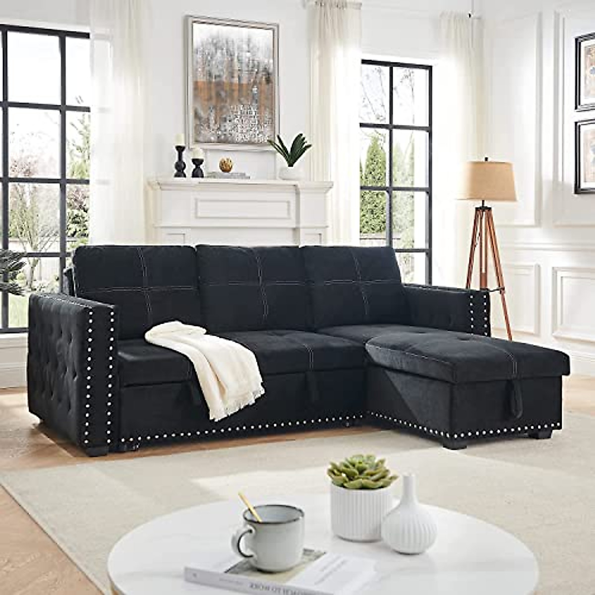 Sectional Sofa with Chaise, HABITRIO 91" L-Shape Loveseat Couch w/Roll-out Sleeper Bed, Reversible Storage Lounge, Black Velvet Upholstered Button Tufted Nailhead Trim Accent Furniture for Living Room
