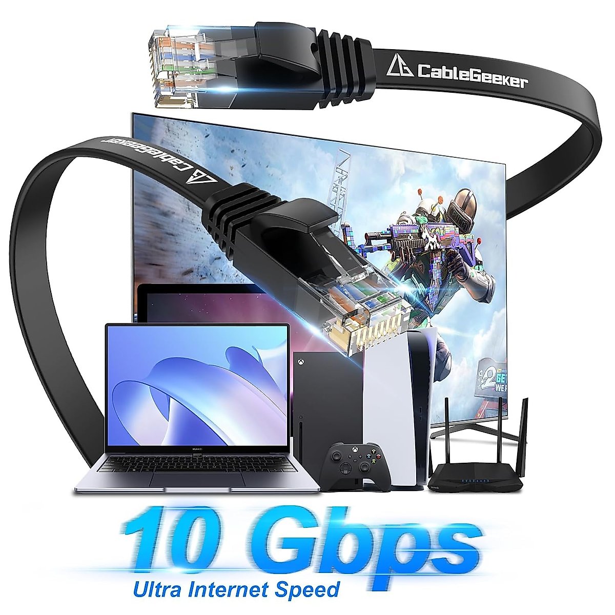 Cat 6 Ethernet Cable 10 ft (5 Pack) (at a Cat5e Price but Higher Bandwidth) Flat Internet Network Cables - Cat6 Ethernet Patch Cable Short - Black Computer Cable with Snagless RJ45 Connectors