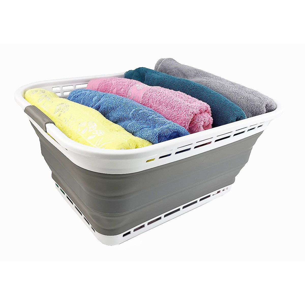 SAMMART 42L (11 gallons) Collapsible Plastic Laundry Hamper/Basket - Foldable Storage Container/Organizer - Portable Laundry Basket - Easy Storage Space Saving (White/Alloy Grey)