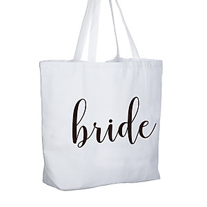 ELEGANTPARK Bride Jumbo Tote Bag Wedding Bridal Shower Gifts Canvas 100% Cotton Interior Pocket White with Black Script