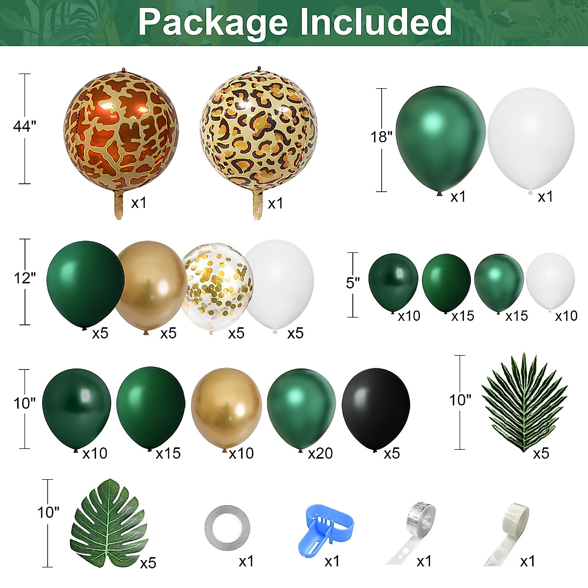 150Pcs Jungle Safari Green Balloons Garland Arch Kit, Emerald Dark Green Gold Animal Foil Balloon Tropical Palm Leaves for Safari Baby Shower Birthday Decorations for Boys Wild One Party Supplies