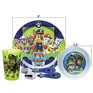 zak! PAW Patrol - 5-Piece Dinnerware Set - Durable Plastic & Stainless Steel - Includes Tumbler, 8-Inch Plate, 6-Inch Bowl, Fork & Spoon - Suitable for Kids Ages 3+