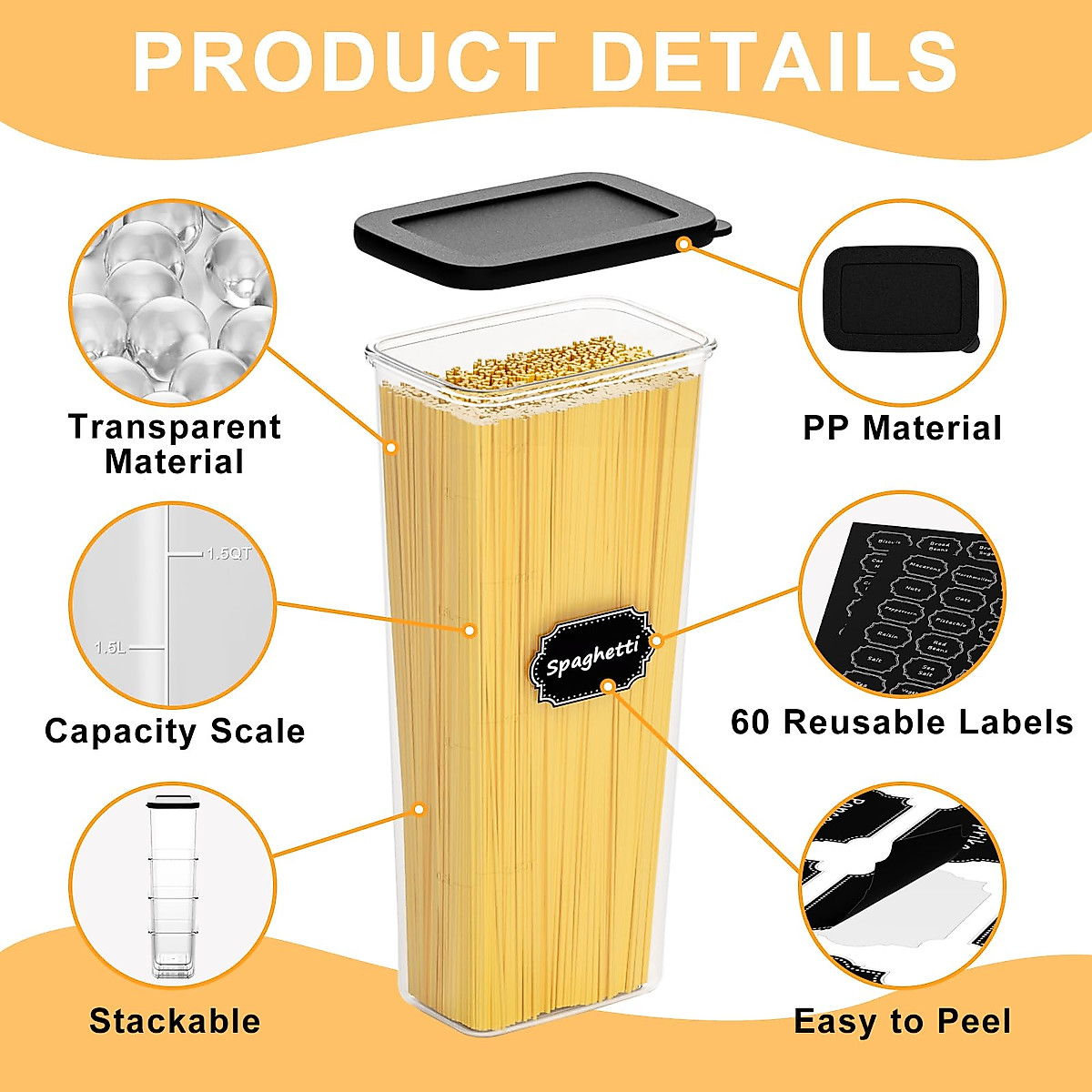 Nifogo Airtight Food Storage Containers with Lids 7 Pack, kitchen Storage Containers, Kitchen and Pantry Organization Set, for Cereal, Flour, Sugar, Pasta, Dry Food, Include 60 Labels