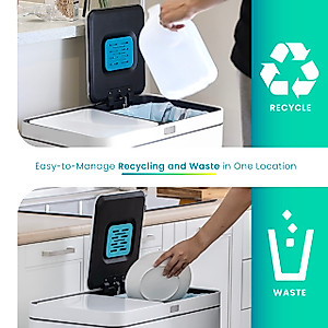 Home Zone Living 15.8 Gallon Kitchen Trash Can, Dual Removable Liners for Recycling and Trash, CleanAura Odor Control, Wide Stainless Steel Shape, Matte White (7.9 + 7.9 for 15.8 Gallon Total)