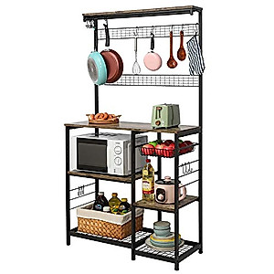 X-cosrack Kitchen Baker's Rack, 68inch Microwave Oven Stand with Pull-out Wire Basket, 8 Hooks + 15 S Hooks,3 Tier + 4 Tier Utility Storage Shelf with Mesh Panels for Utensils, Pots, Pans, Spices