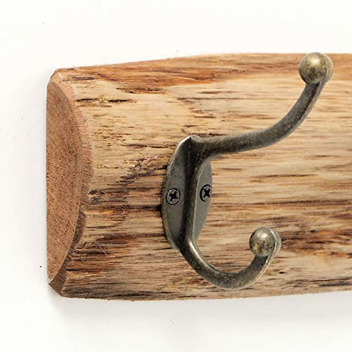 WHW Whole House Worlds Rustic 7 Hook Coat Rack, Wall Mounted, Oak Wood Plank with Tarnished Brass, Iron Hooks, 29.5 Long x 4.75 Tall x 3.25 Wide Inches, Bark-Peeled Finish