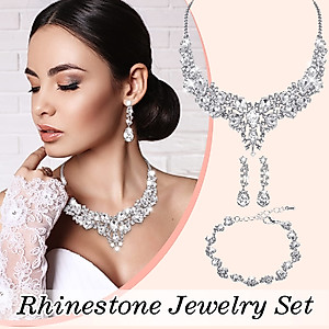 6 Set women Silver Jewelry Set Crystal Rhinestone Necklace Bracelet Teardrop Dangle Earrings Bridal Jewelry Set for Wedding(Classic Style)