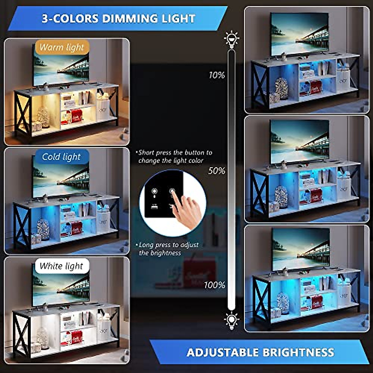 HNEBC LED White TV Stand with USB/Wireless Charging Station,Television Stands with Auto Induction/Adjustable LED Lights,TV Stand for 65+ inch TV and Storage Cabinet Suitable for Living Room (White)