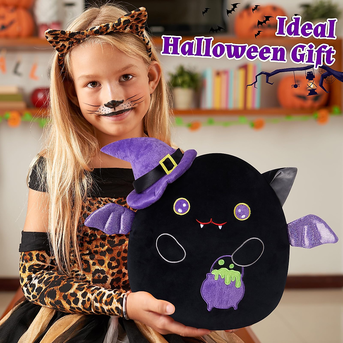 HappySpot Halloween Bat Plush,Black Bat Stuffed Animals with Purple Wizard Hat Witch Cauldron,Cute Halloween Bat Plush Toy,11.8'' Soft Halloween Bat Plushie Pillow Halloween Decoration Gifts for Kids