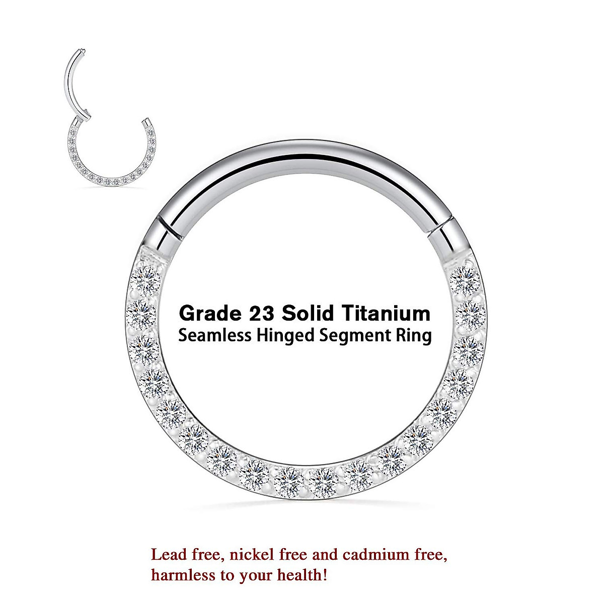 PEAKLINK 16G Septum Jewelry CZ Septum Ring G23 Titanium Seamless Segment Hinged Clicker Ring Conch Ring Helix Piercing Cartilage Tragus Earrings 6mm Nose Hoop Ring Silver Daith Piercing Jewelry