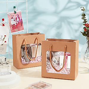 BENECREAT 50pcs Gift Bags with Transparent Window, Kraft Paper Shopping Bags with Handle for Birthday Wedding Party Florist Christmas Packing, 5.8x5.5x2.8