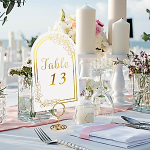Wedding Table Numbers 1-20, 20 White Gold Table Number Cards with 20 Gold Table Number Holders, 1 Set of 20 Table Numbers for Wedding Reception(Card and Holder)
