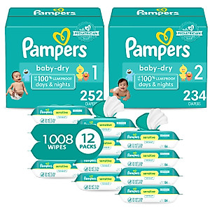 Pampers Baby Dry Disposable Baby Diapers Starter Kit (2 Month Supply), Sizes 1 (252 Count) & 2 (234 Count), with Sensitive Water Based Baby Wipes 12X Multi Pack Pop-Top and Refill (1008 Count)