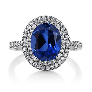 Gem Stone King 925 Sterling Silver Blue Created Sapphire Ring For Women (3.60 Cttw, Oval 9X7MM, Available In Size 5,6,7,8,9)