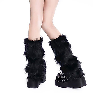 OSPNIEEK Fur Leg Warmers, Furry Leg Warmers for Womens, Faux Fluffy Leg Warmer, Soft Fuzzy Leg Warmer Boot Cuffs Covers for Winter Warm, Christmas, Halloween, Cosplay Party (Black)