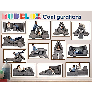 Mod Blox 10 Piece Soft Modular Kids Play Couch for Boys and Girls ｜ Child Sectional Fort Building Sofa for Toddlers Playroom with Microsuede Covers + High Density Convertible Foam Cushions (Dark Gray)