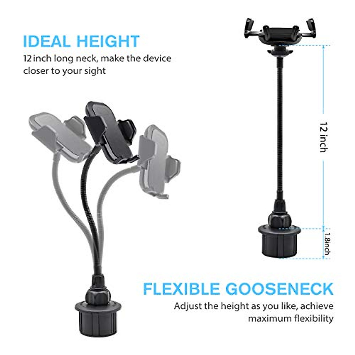 Kuelor Car Cup Holder Phone Mount, Adjustable Long Arm Cell Phone Holder with 360° Rotatable Cradle for Most Smartphones Such as iPhone, Samsung and GPS