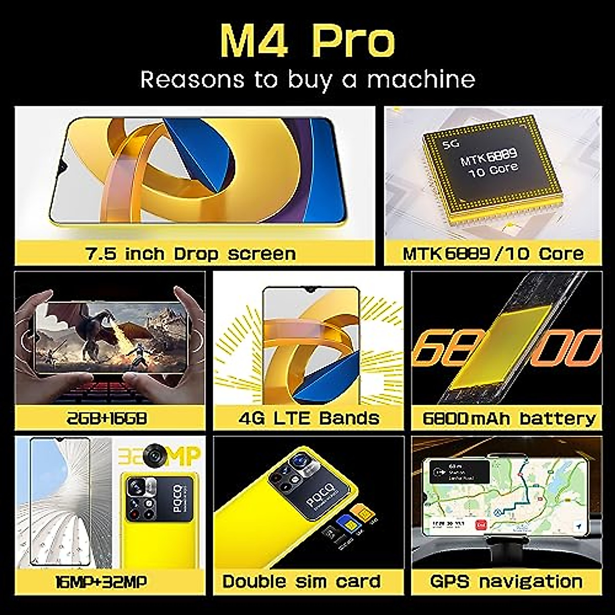 4G Smartphone Unlocked, M4 PRO 7.5 in, High Definition Screen, 2GB/16GB Cell Phones Unlocked New, Android 10 6800mAh Dual SIM Dual Standby Gaming Smartphone, Senior Cell Phone-(Deep Navy Blue)