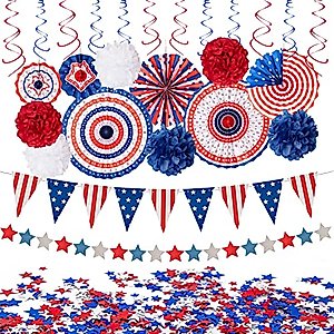 29PCS 4th/Fourth of July Patriotic Decorations Set - Red White Blue Paper Fans,USA Flag Pennant,Star Streamer,Pom Poms,Hanging Swirls Party Decor Supplies