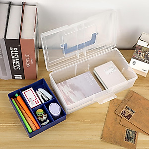 BTSKY Clear Plastic Storage Box with Removable Tray Multipurpose Stationery Storage Box with Handle Handy Sewing Box Art Craft Supply Organizer Home Utility Box (Blue)