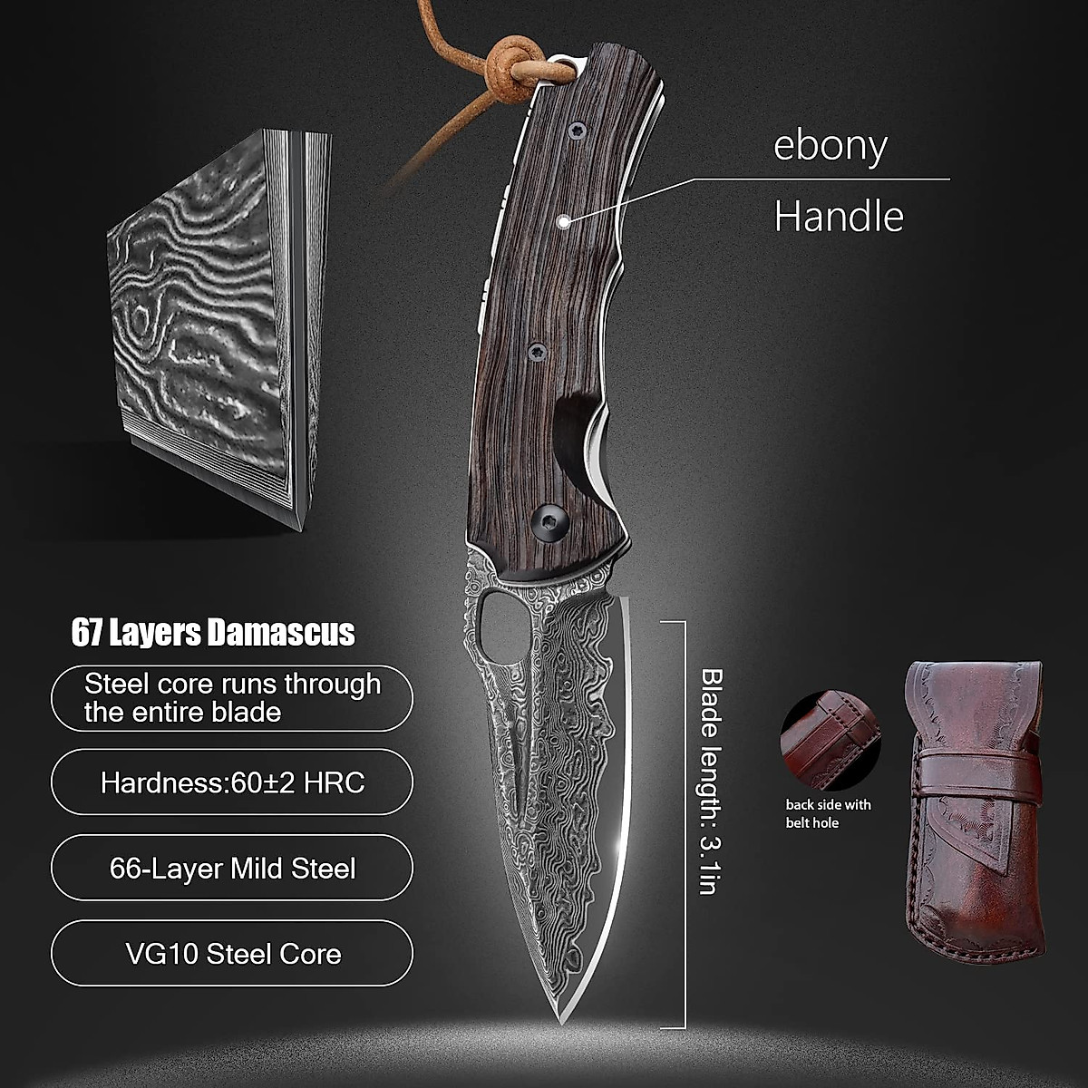 SPIRIT DEED Folding Knife 3in Handmade VG 10 Damascus Steel Knife Pocket Knife, Leather Case, Ebony Handle, with Padded Lock, Suitable for Outdoor Camping Fishing and Carrying Knives