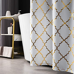 FINECITY White Shower Curtain Gold Moroccan Pattern with 12 Hooks Included, 72 x 72 Inch, 1 Panel