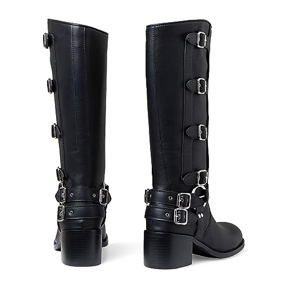 Cossansan Square Toe Boots for Women Knee High Boots Women Leather Buckles Black Dress Boots Fashion Winter Boots Moto Boots Women Size8