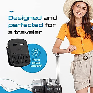Ceptics World Travel Adapter Kit - QC 3.0 Dual USB + Dual US Outlets, Surge Protection, Perfect For Europe, UK, China, Australia, Japan, Perfect For Laptop, Cell Phones, Cameras - Safe ETL - Black