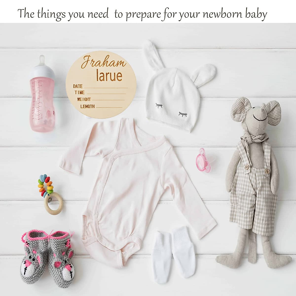 Newborn Announcement Sign Wooden for Baby Name and Birth Details for Hospital Custom Photo Baby Announcement Sign Fingerprint Footprints can be Left on The Back （4-6inch）