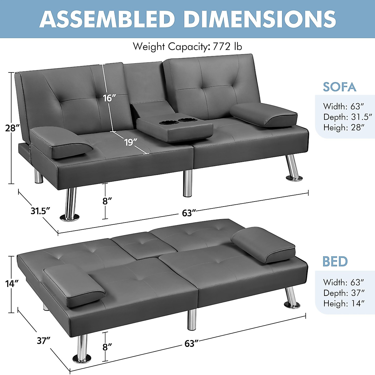 Yaheetech Convertible Sofa Bed Adjustable Couch Sleeper Modern Faux Leather Home Recliner Reversible Loveseat Folding Daybed Guest Bed, Removable Armrests, Cup Holders, 3 Angles, 772lb Capacity, Gray