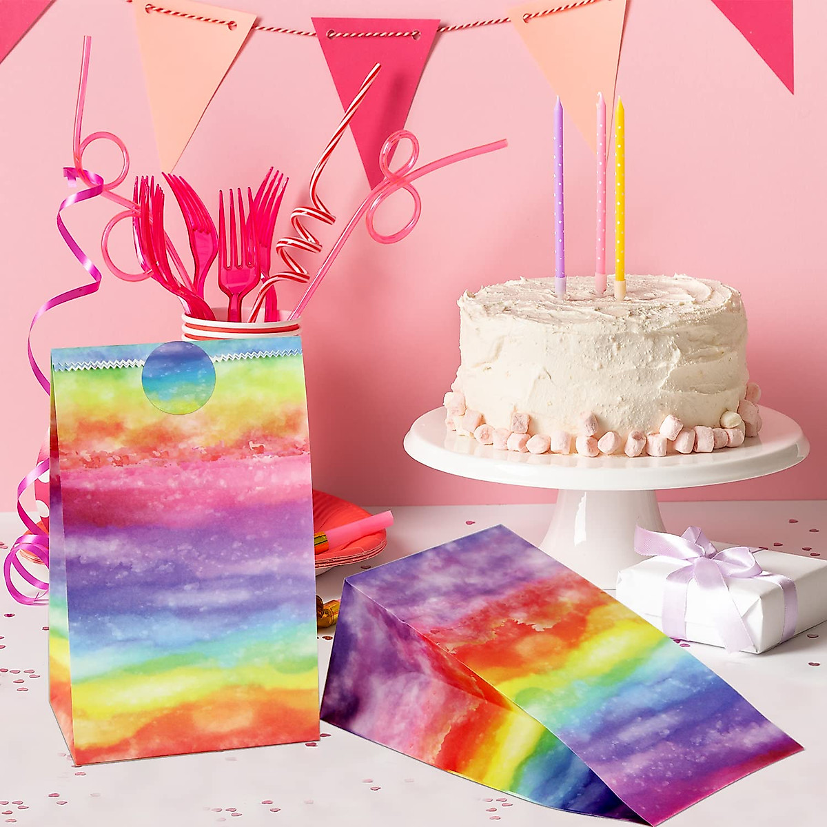GITMIWS 28 Pcs Tie Dye Gift Bags, Kids Goodie Bags with 28 Pcs Stickers for Birthdays, Baby Showers, Kids Crafts and Activities, May Day, Valentine's Day, Christmas Day, Tie Dye Party Decorations（4.7L x3.2W x8.2H）