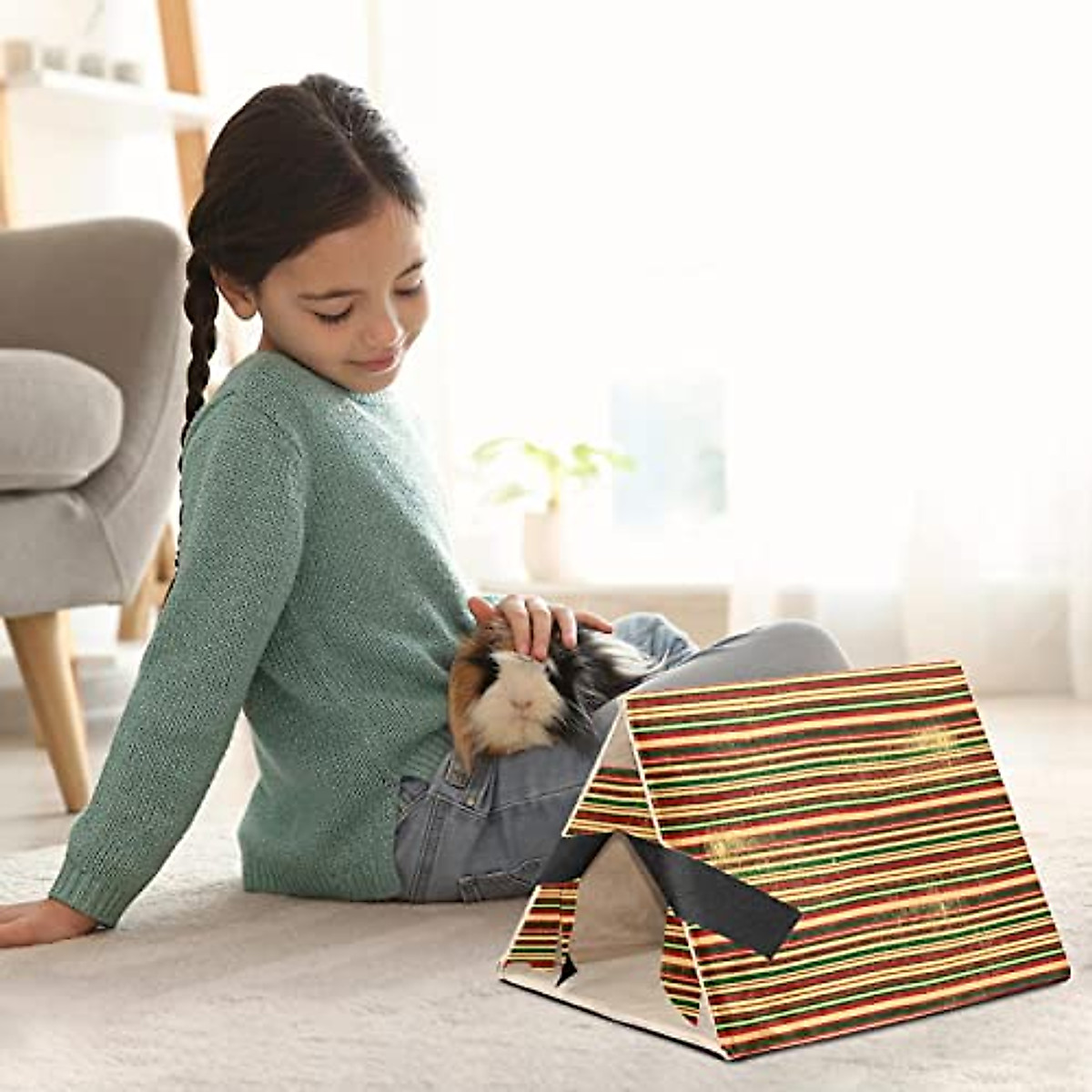 Y-DSIWX Guinea Pig Hideout Cozy Hamster House Cave for Bunny Chinchilla Hedgehog Small Animal Vintage Red Green Yellow Stripes Xmas
