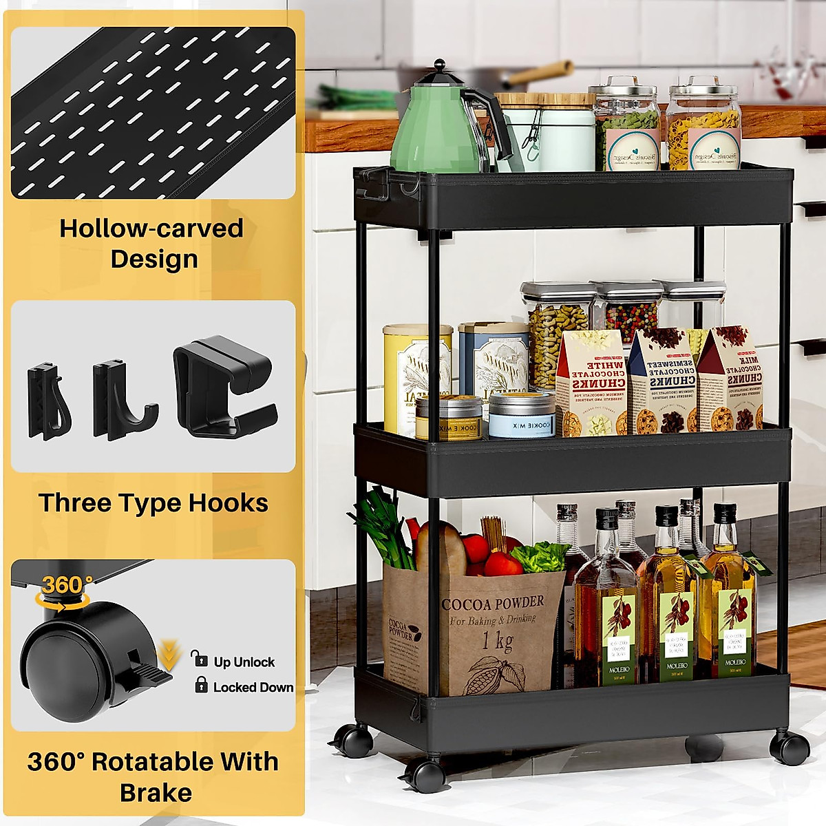 SPACELEAD 3 Tier Rolling Cart with Wheels, Storage Craft Art Cart Trolley Organizer Serving Cart, 3 Hanging Baskets Easy Assembly, for Office, Living Room, Kitchen, Black