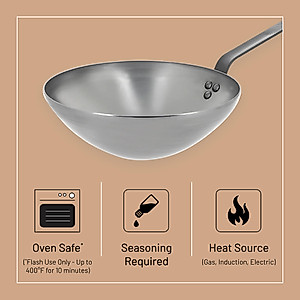 de Buyer MINERAL B Carbon Steel Wok Pan - 11” - Ideal for Steaming, Stir Frying & Deep Frying - Naturally Nonstick - Made in France