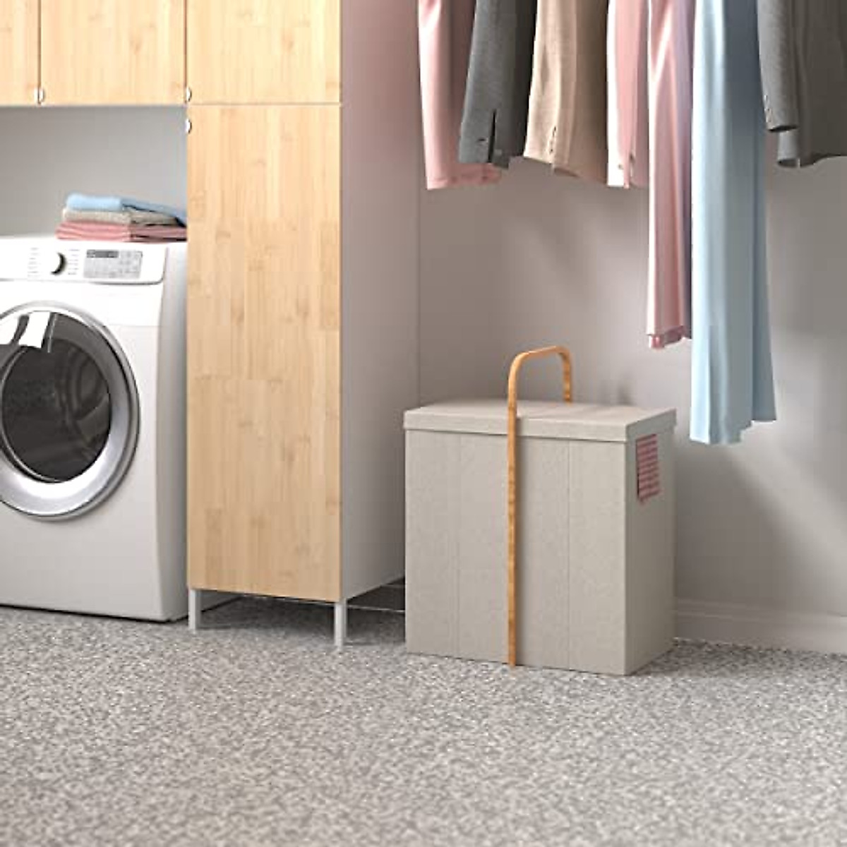 ClosetMaid Laundry Hamper Basket, Foldable with Lid, Two Compartments, Bamboo Handle, Portable, Collapsible Design, Freestanding, Beige