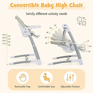 BABY JOY Baby Swings for Infants, 3 in 1 Foldable High Chair w/ 8 Adjustable Height, 5-Position Backrest, 3 Timer Settings, 12 Melodies and 5 Natural Sounds, Booster Seat for Dining Table (Gray)