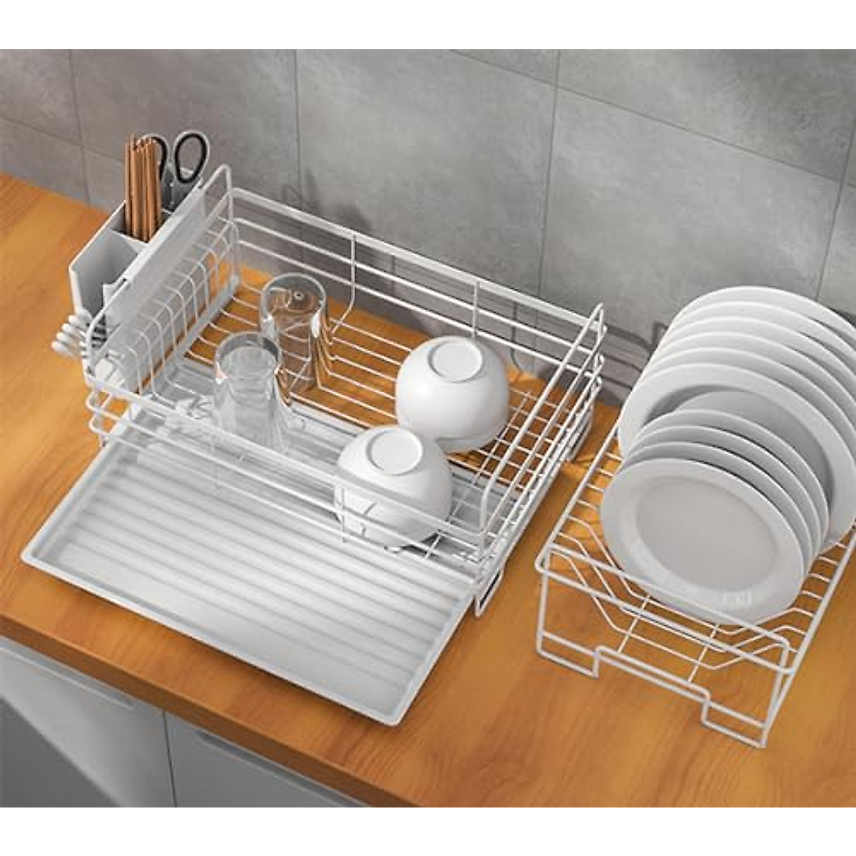 VIDECOR Dish Drainer Rack, Expandable Dish Drying Rack with Utensil Holder Cup Holder, Stainless Steel Dish Drying Rack and Drainboard Set for Kitchen Counter,A