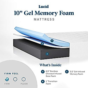 Lucid 10 Inch Memory Foam- Queen Size Mattress – Firm – Gel Infusion – Hypoallergenic Bamboo Charcoal- Mattress in a Box