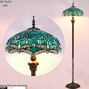 WERFACTORY Tiffany Floor Lamp Dragonfly Green Stained Glass Standing Reading Light 16X16X64 Inches Antique Pole Corner Lamp Decor Bedroom Living Room Home Office S622 Series