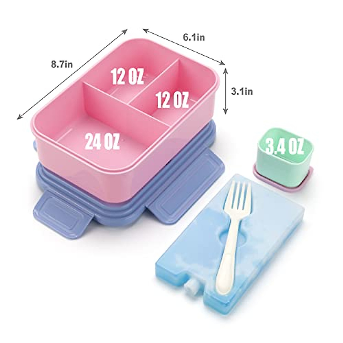 Bento Box for Kids, Two-color design Lunch Box with Sauce Containers, Leak Proof, Dishwasher & Microwave Safe and 3 Compartments Meal Prep Bento Box with Ice Pack for Boys Girls School, Work, Travel