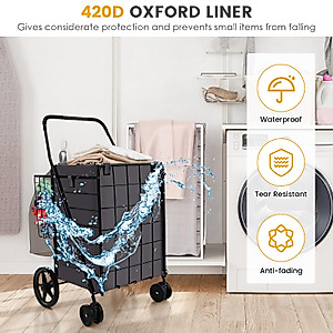 S AFSTAR Shopping Cart with Oxford Liner Bag, 27 Gal Folding Grocery Cart on Wheels, Double Basket, 330 LBS Weight Capacity, Portable Granny Cart Shopping Cart for Market Laundry (Black)