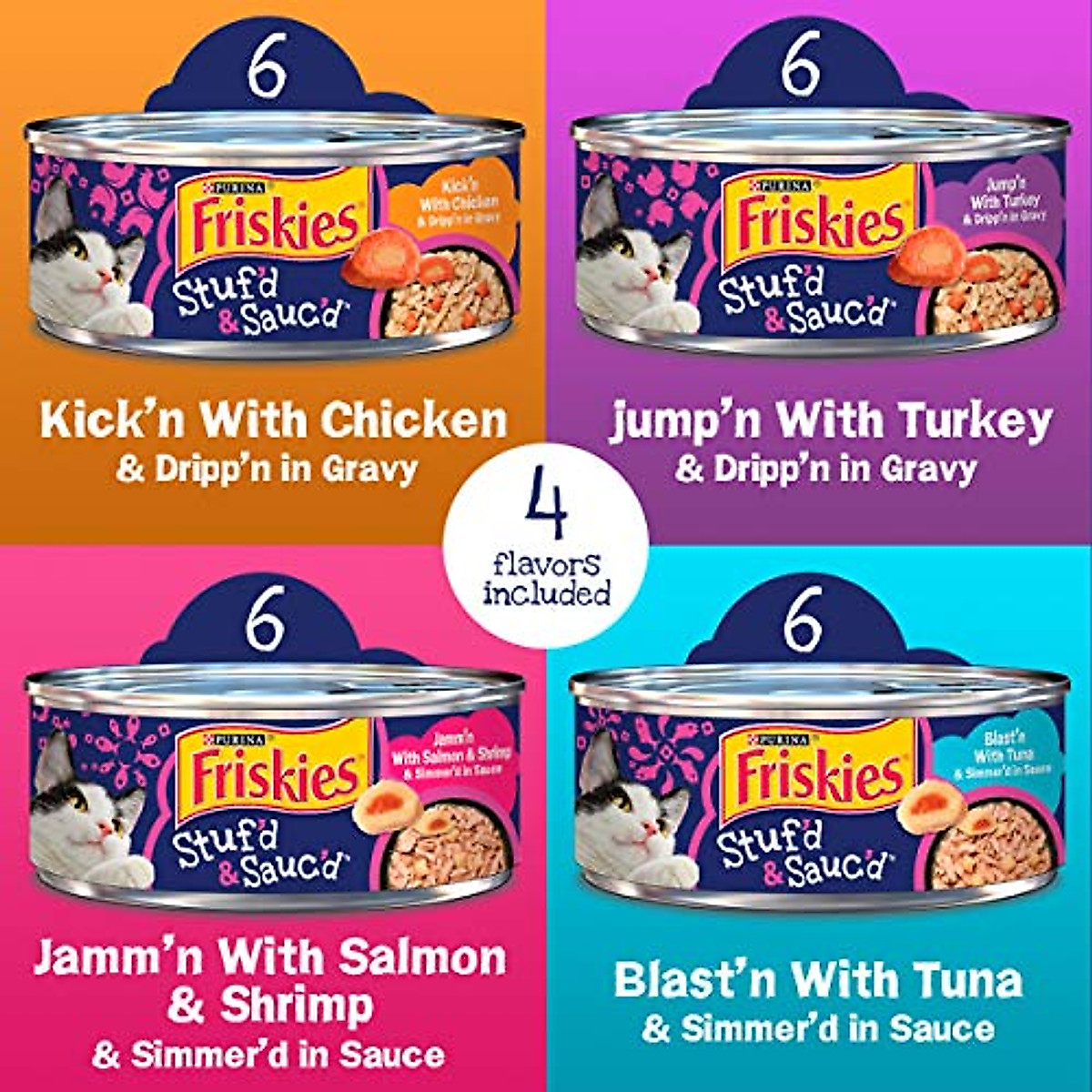 Purina Friskies Gravy Wet Cat Food Variety Pack, Stuf'd & Sauc'd with Chicken, Salmon & Shrimp, Tuna & Turkey - (24) 5.5 oz. Cans
