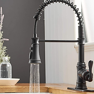 BWE Black Bathroom Faucet Matte Waterfall Sink Farmhouse Bath Vanity Single Hole Bundle with Kitchen Sink Faucet with Deck Plate Matte Black with Pull Down Sprayer 3 Spray Modes