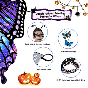 Tibeha Halloween Butterfly Costume for Girls - Double-Sided Printing Wings Kids Cape with Mask, Antenna Headband, Hair Clips
