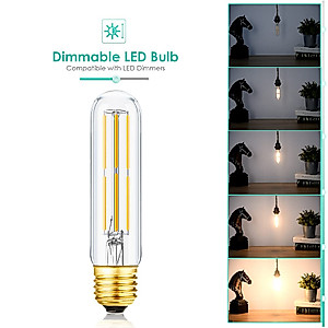Dimmable E26 Edison Bulb 6W Tubular T10 led Bulb,Equal 60 watt Light Bulb,Soft White 3000K,Edison Filament Light Bulbs for Pendant,Chandeliers,Wall scones, 4-Pack