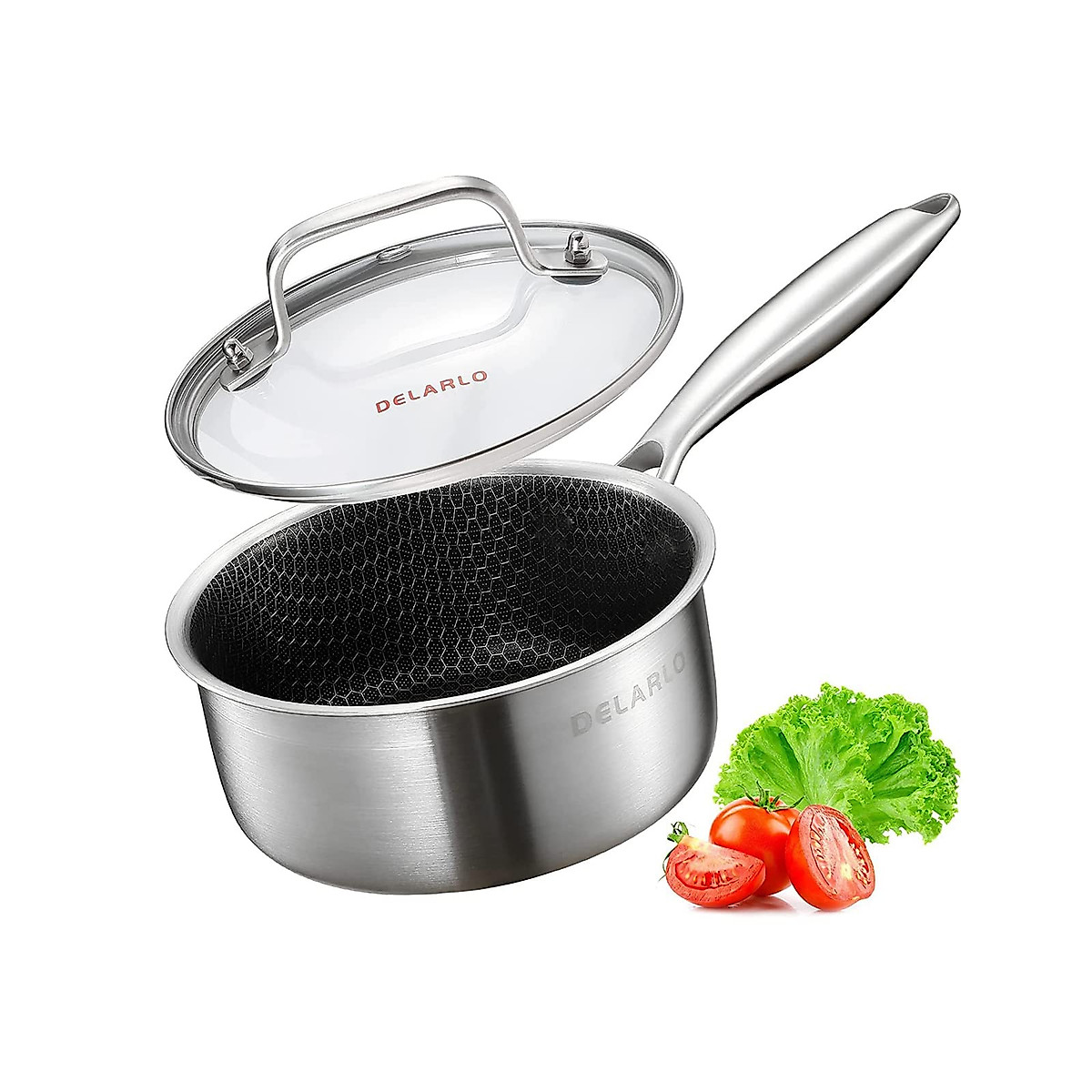 DELARLO Tri-Ply Hybrid Stainless Steel Sauce Pan Sauce Pot, Small Saucepan With Glass Lid, Nonstick Honeycomb Induction Saucier Pot Cookware, Dishwasher Safe & Oven Safe(1.5 Quart)